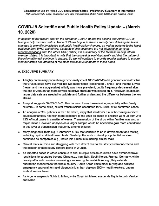 COVID-19 Scientific and Public Health Policy Update – 10 March 2020 ...
