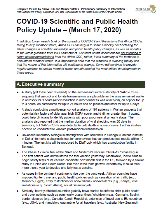 COVID-19 Scientific and Public Health Policy Update – 17 March 2020 ...